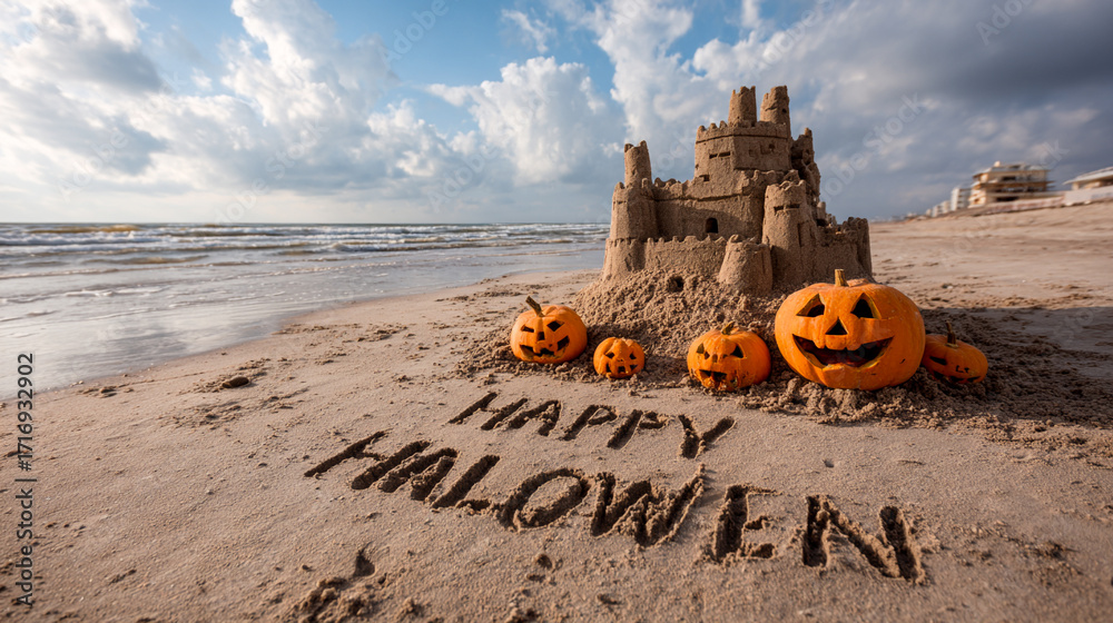 Haunted Sand Castle by Ocean Edge with Tiny Jack-o’-Lanterns Glowing in ...