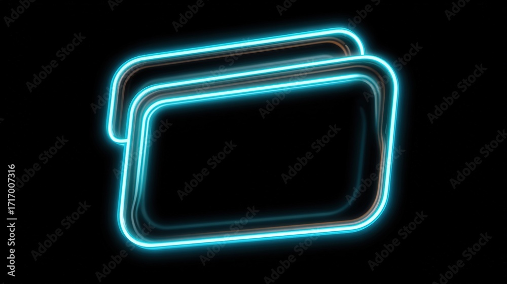 Neon glowing double folder icon in cyan blue light on black background ...