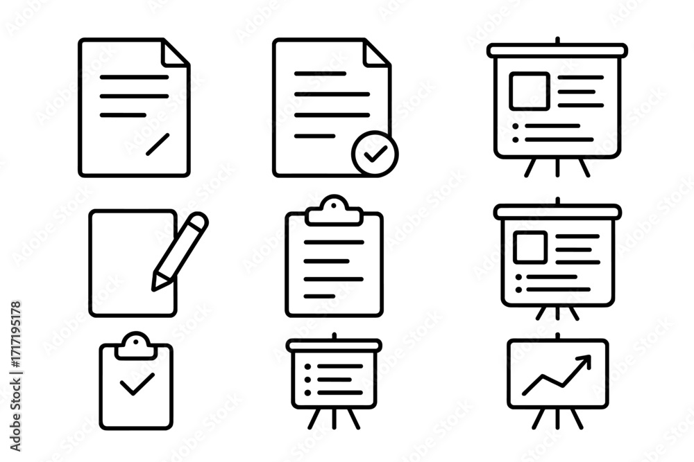 Business report and contract document line icon set. Presentation with ...