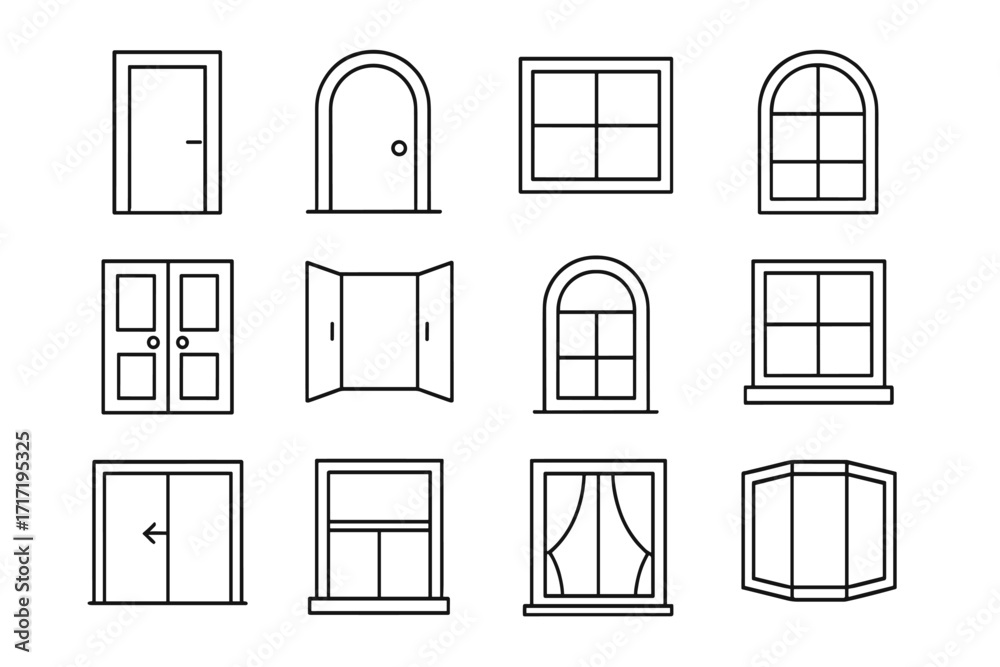 Doors and windows line icon set. House exterior and interior elements ...
