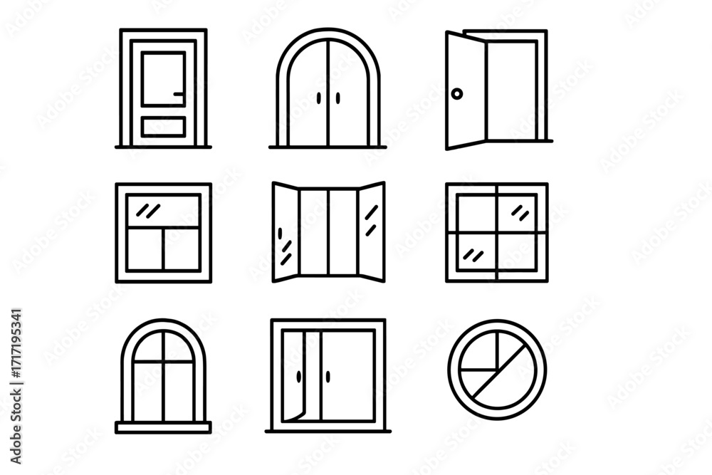 เวกเตอร์ Stock Doors and windows outline icon set. Simple vector line ...