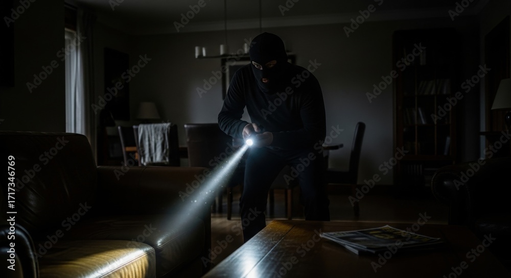 Man burglar wearing a balaclava holding a flashlight inside a dark ...