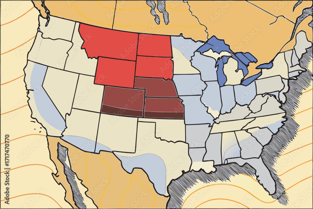 US map showing temperature zones and highlighted states United States ...
