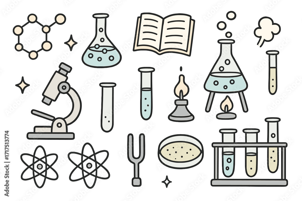 Chemistry doodle icon set. Vector cartoon illustration of science lab ...