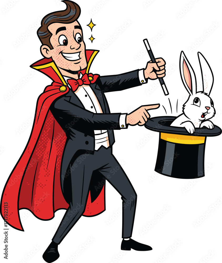 Cartoon magician performing rabbit trick with wand and hat, stage magic ...
