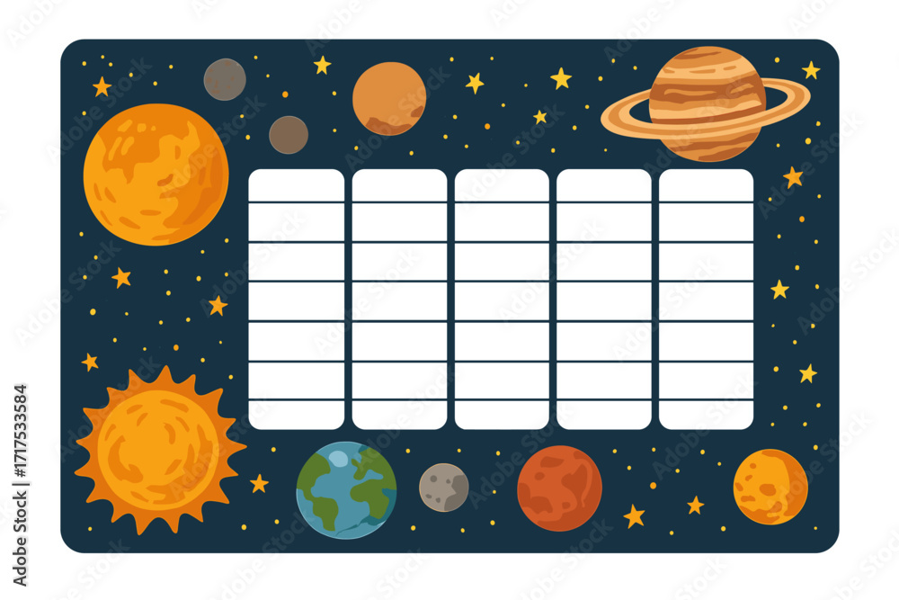 Childish school timetable sheet template with solar system planets and ...