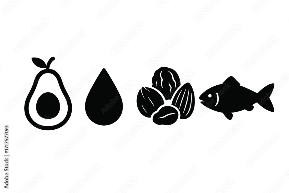 Healthy fats food icon set. Silhouette vector symbols of avocado, oil ...