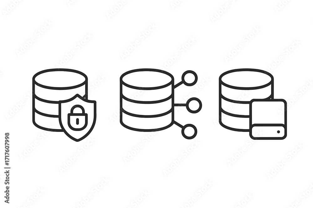 Database icons in linear style. Data security, information sharing, and ...