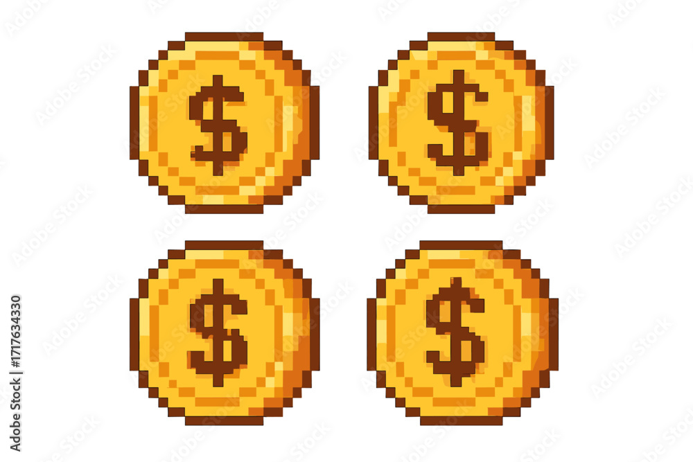 Pixel art coin set. Golden dollar money icon collection for game design ...