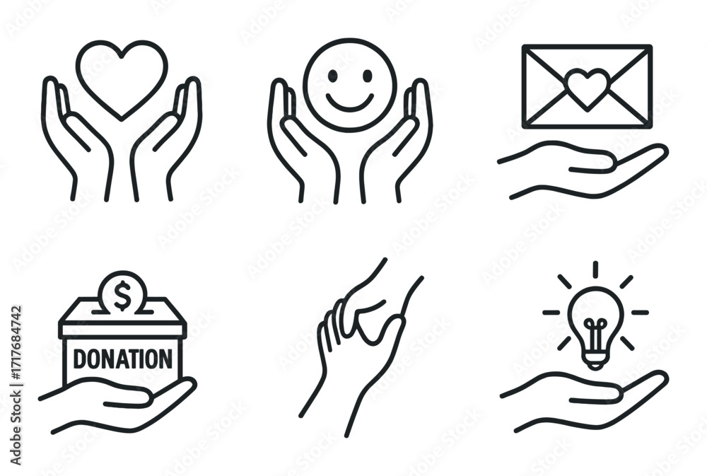 Symbols of kindness and generosity: heart, smiley, letter, donation ...