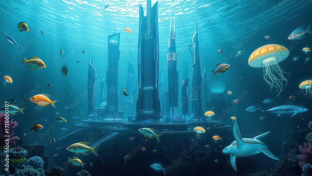 Underwater city with marine life and futuristic architecture in deep ...