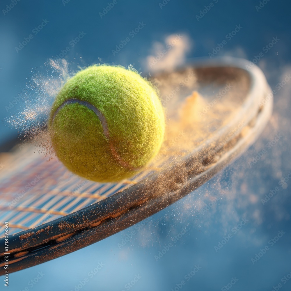 Stock-Foto „Dramatic close-up of a tennis ball hitting racket strings ...