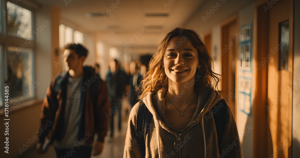 Walking, smile and hallway with girl in high school for education ...