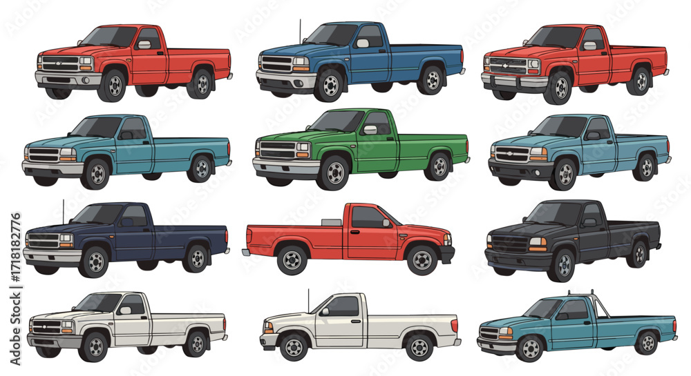 Collection of twelve single cab pickup trucks in various colors and ...