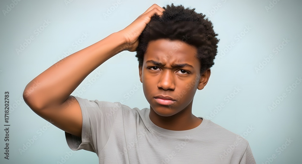 Young Black male scratching head with perplexed look on pastel blue ...