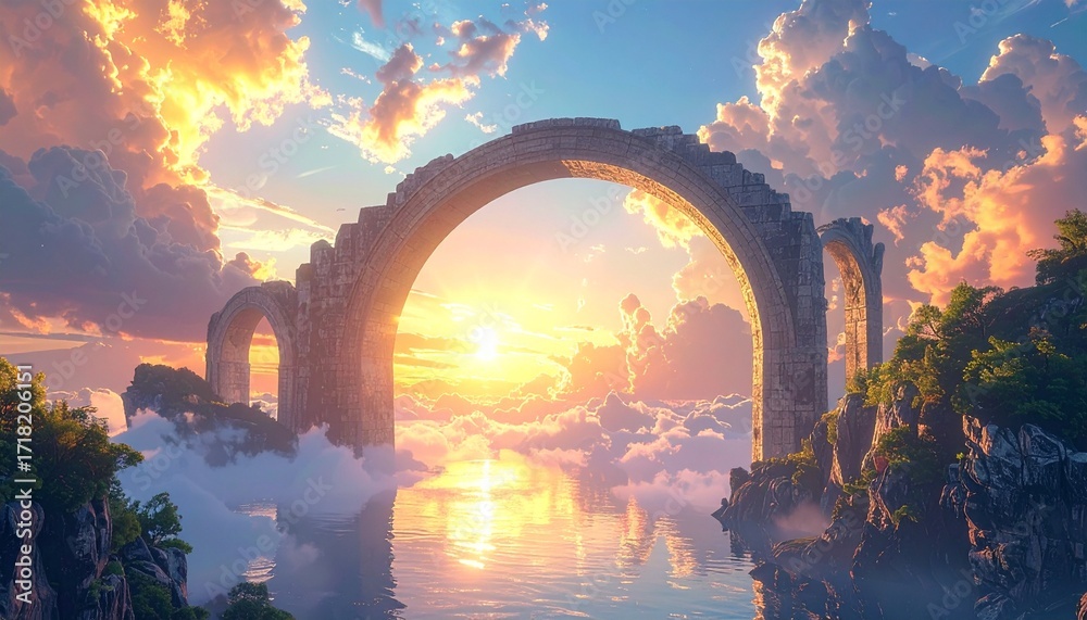 Monumental arches of stone floating in luminous skies, surreal ...