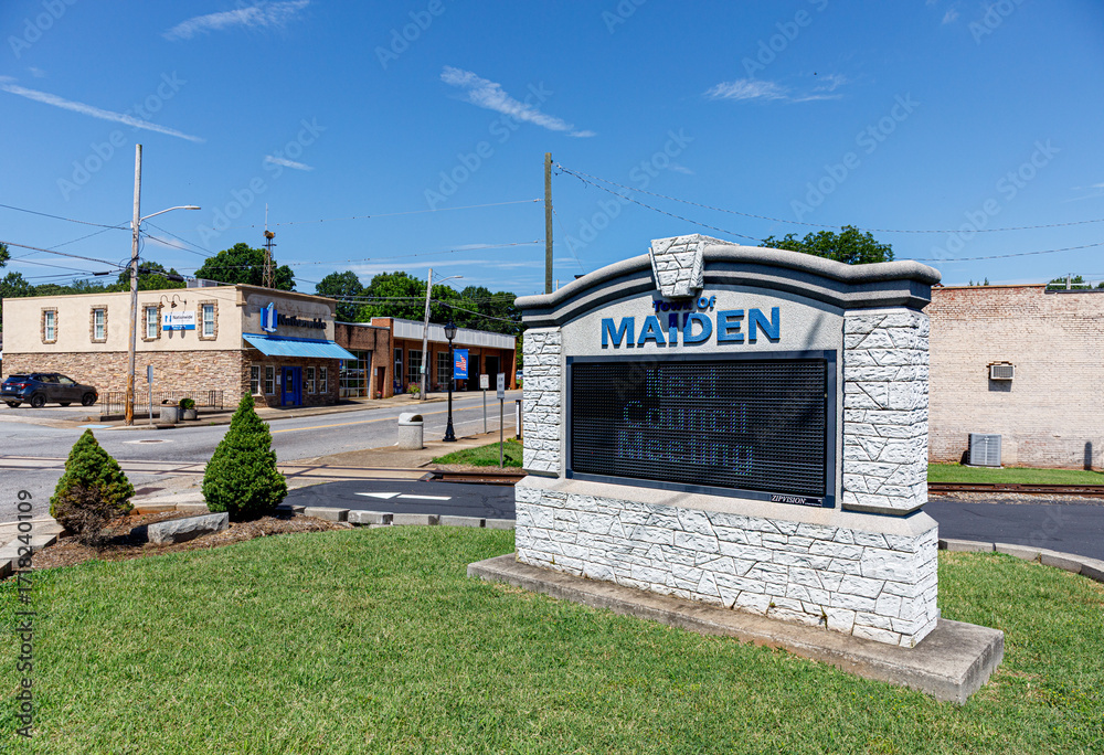 Maiden, North Carolina, USA-14 July 2025: Monument sign in downtown ...