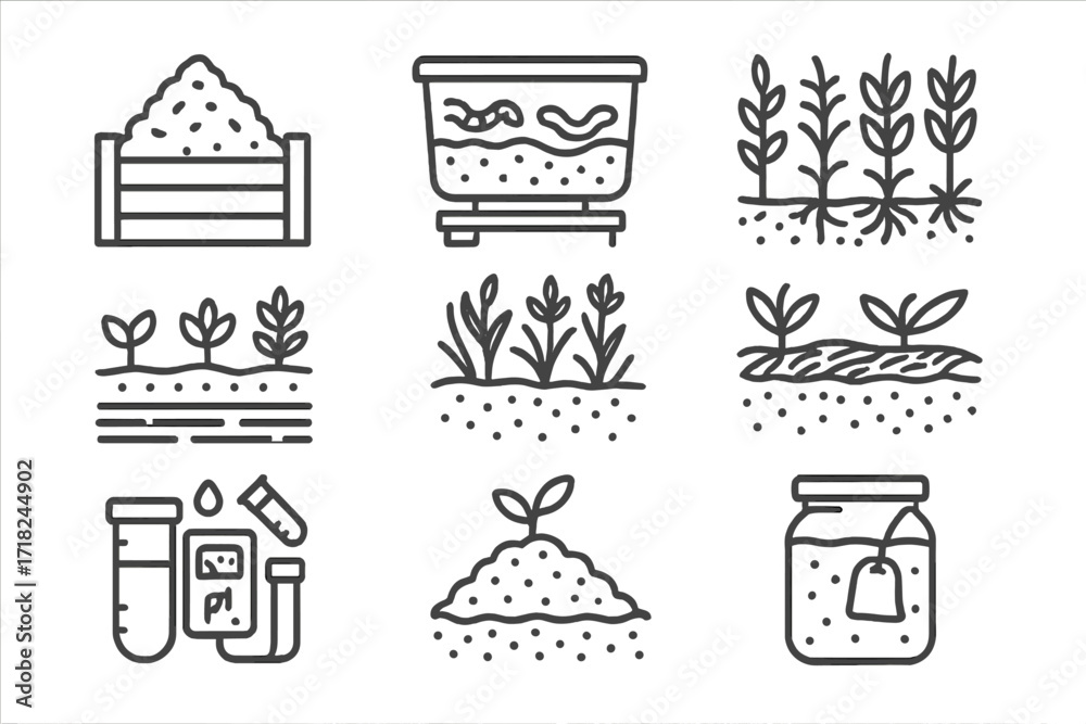 Stock-Vektorgrafik „Soil Health Icons. Line style icons of soil health ...