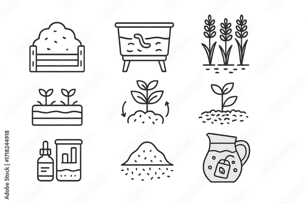 Soil Health Icons. Line style icons of soil health techniques: compost ...
