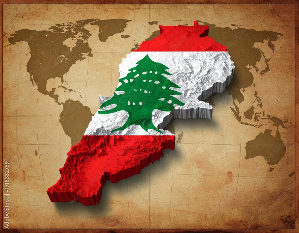 Lebanon map, adorned with its iconic cedar flag, stands out on a ...