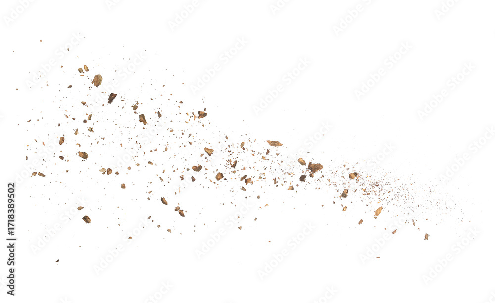 Pieces and dust of tree bark flying, isolated on white background and ...