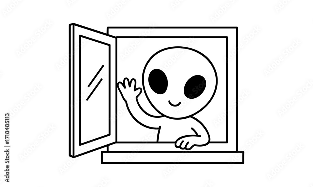 Cute alien character waving from open window in simple line art style ...