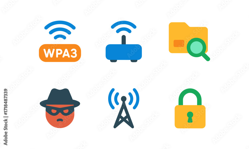 Network security symbols: wpa3, wi-fi router, file search, hacker ...