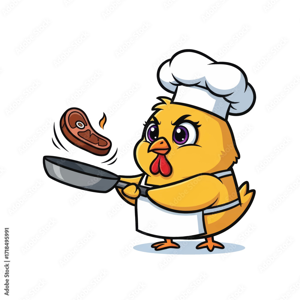 Cartoon chicken chef flipping steak in a pan, wearing a chef's hat and ...