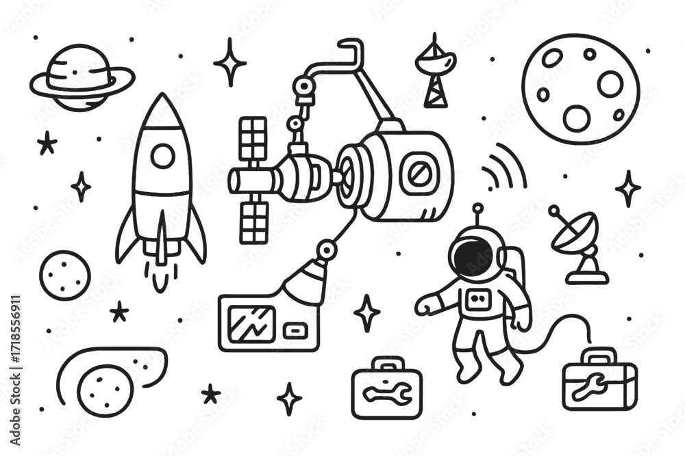 Space Station Doodle. Hand-drawn doodle illustration spaceship docking ...