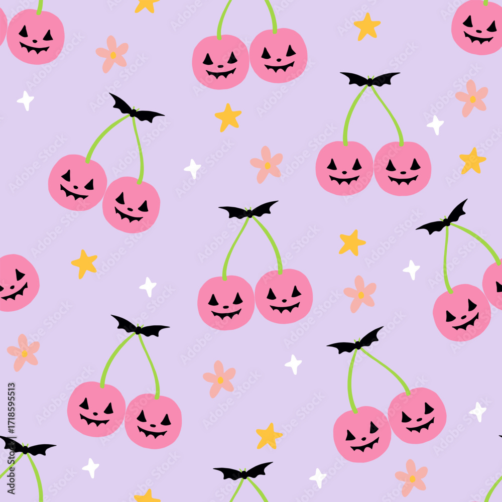 Happy halloween seamless pattern spooky pink cherries with horror face ...