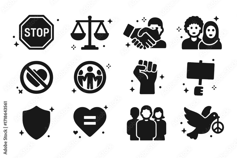 Symbols of Unity. Anti-Discrimination. Solid icons set of stop sign ...