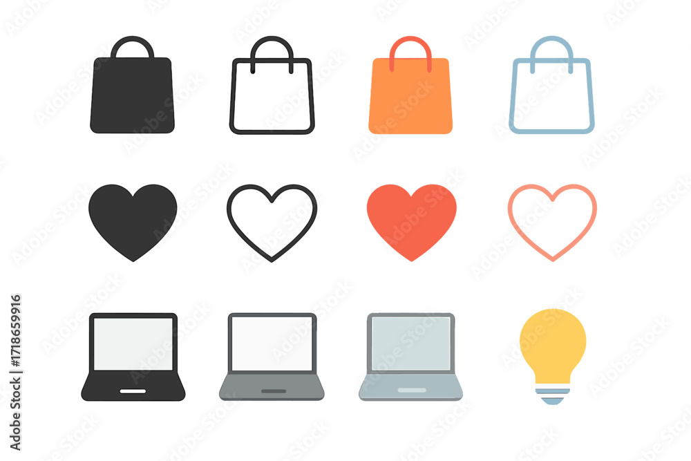 Icon Variations Grid. Three rows: each row shows one object in ...