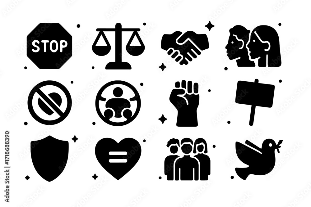 Symbols of Unity. Anti-Discrimination. Solid icons set of stop sign ...