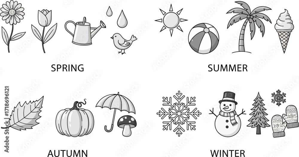 Illustration depicting the four seasons with associated symbols and ...