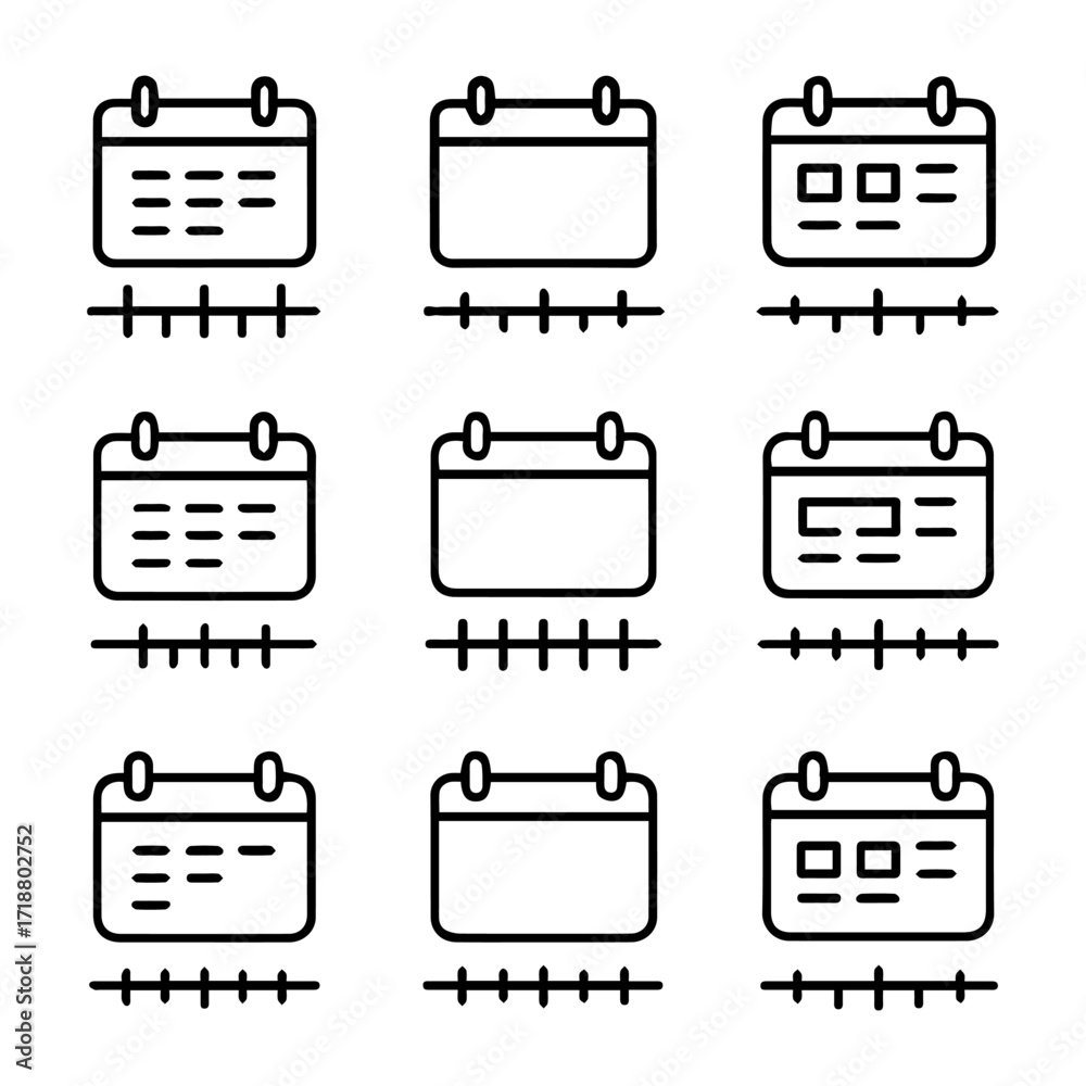Nine Simple Calendar Icons with Varying Date Displays and Timeline ...