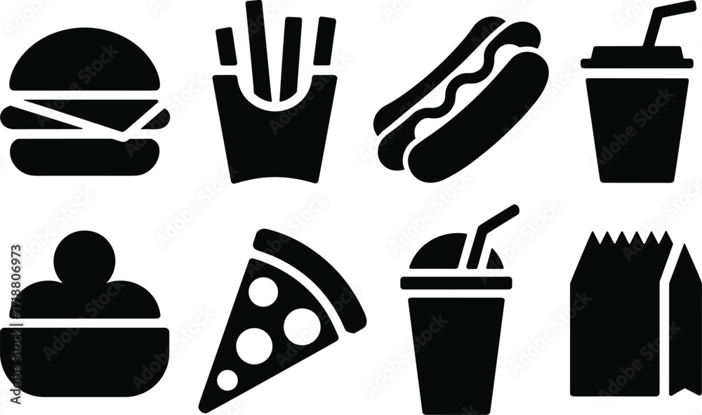 Fast food silhouette icons, black snack vector set, burger and fries ...