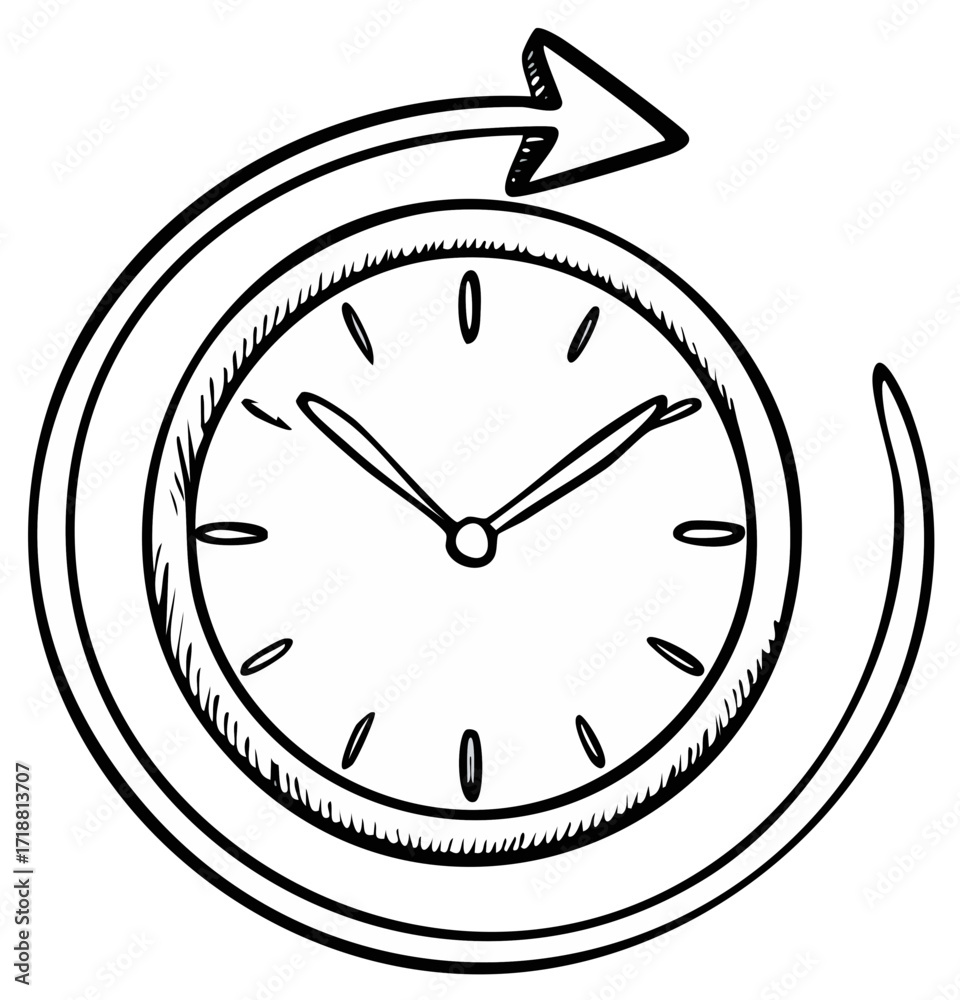 Doodle clock with an arrow circling the face symbolizing time, refresh ...