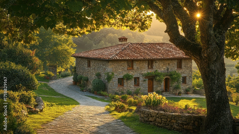 Rustic stone house, garden path, golden sunlight, peaceful scene, use ...