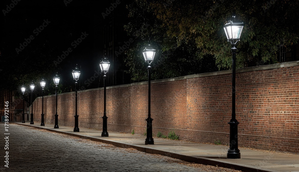 Night scene of a paved street lined with brick wall and illuminated ...