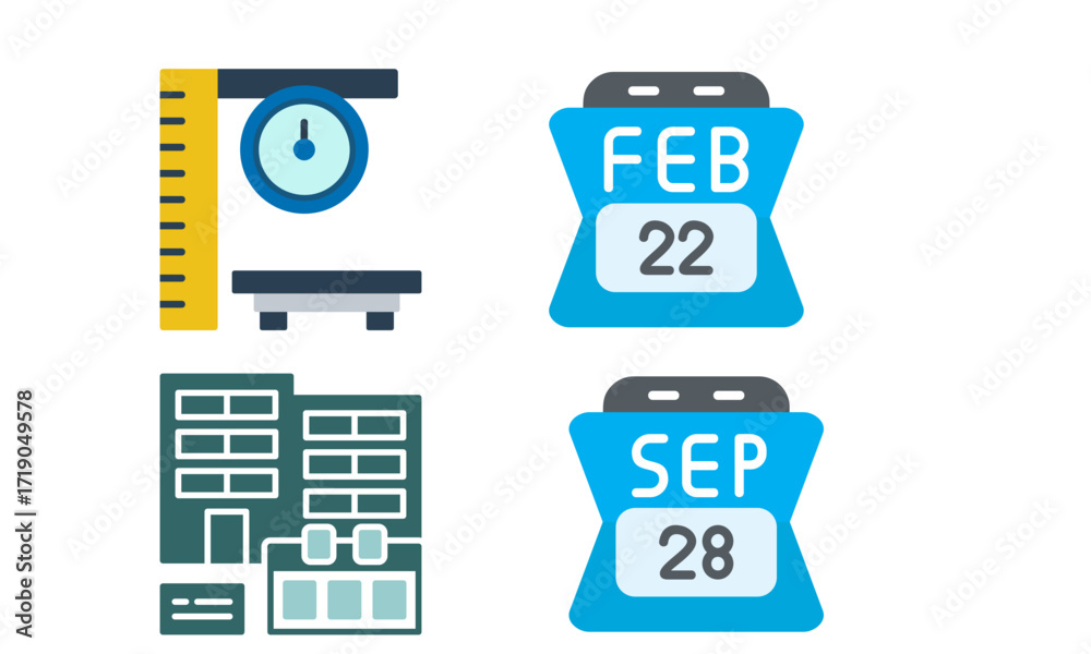 Icons of a scale, calendar dates, and a building, arranged in a grid ...