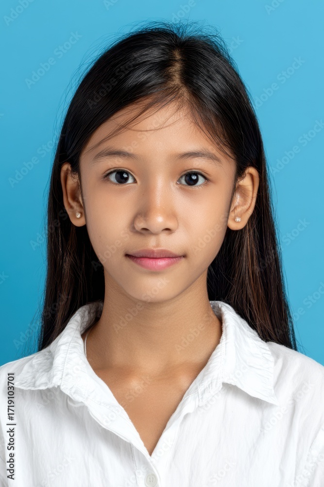Passport ID portrait of a young Asian Vietnamese girl against a blue ...