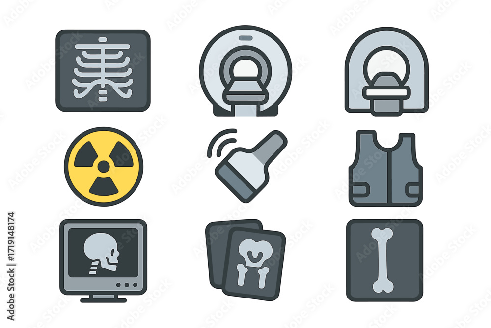Radiology Icon Set. Flat icon set of radiology: x-ray, CT scanner, MRI ...