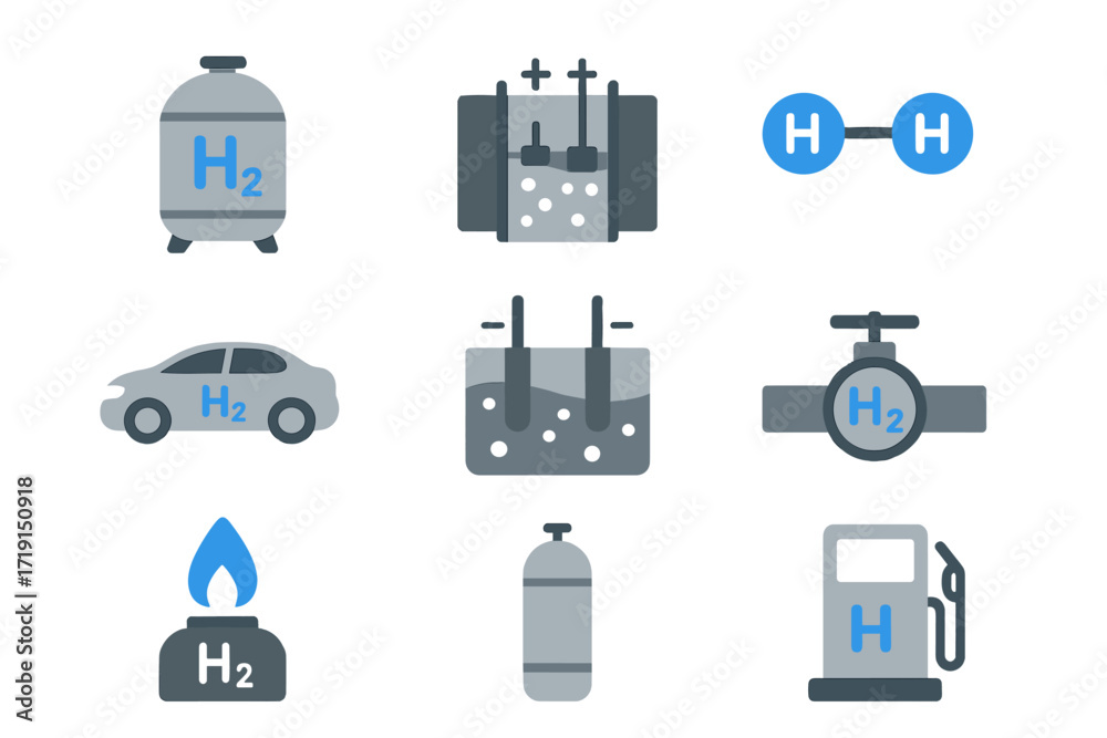 Hydrogen Energy Icons. Flat icon set of hydrogen energy: hydrogen tank ...