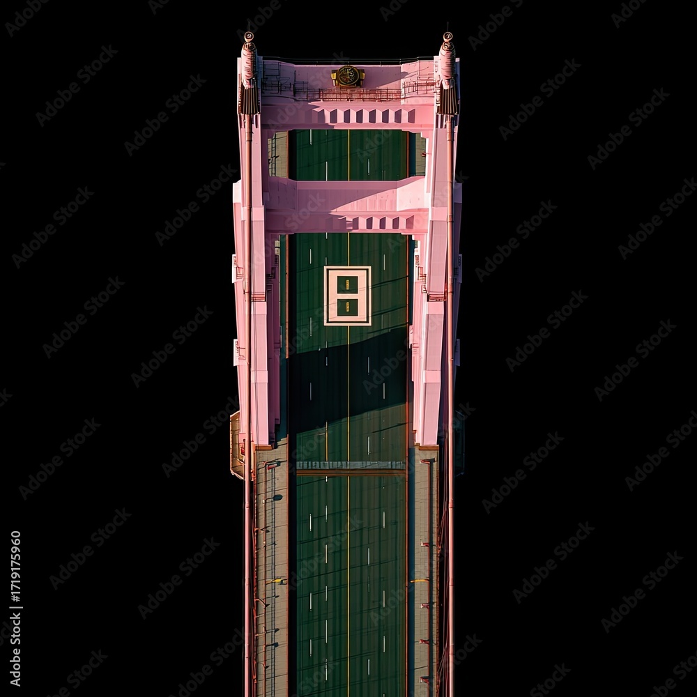 Overhead view of a pink suspension bridge, vertically oriented ...