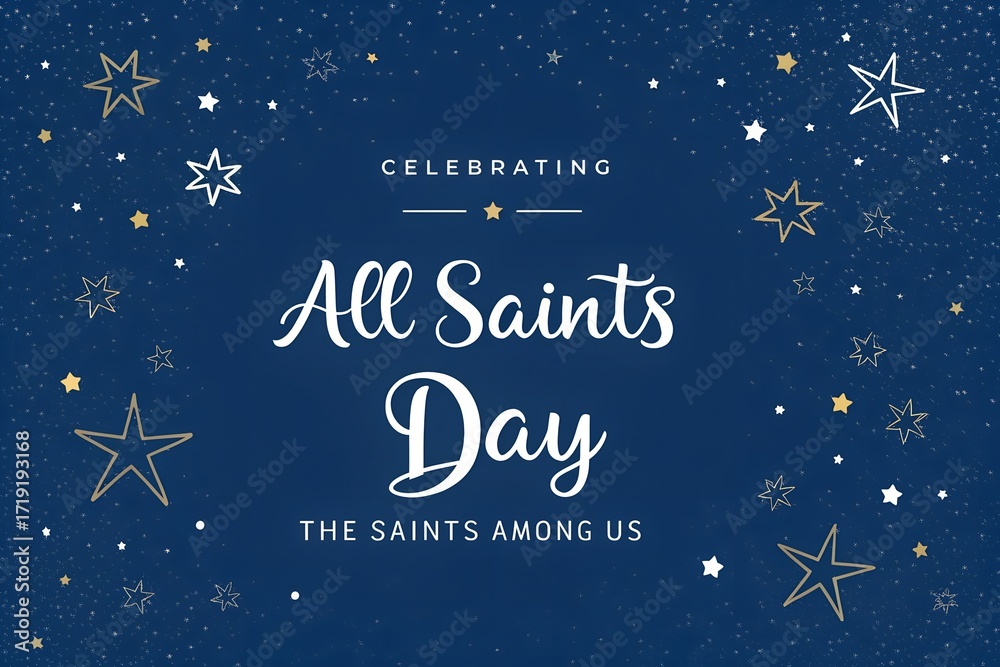 All Saints' Day greeting card with elegant script and stars on a blue ...
