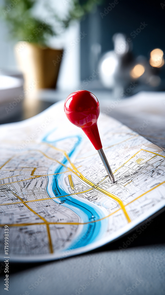 Red pin marks location on city map. A bright red pin is placed on a ...