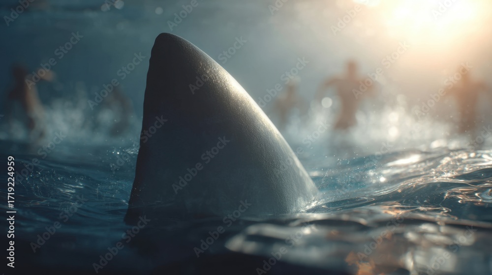 Shark fin emerges from dark water with blurred swimmers in background ...