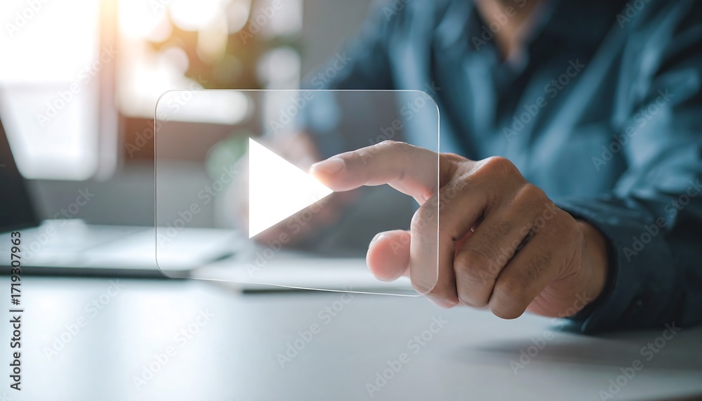 Transparent glass play button icon tapped by businessman hand for ...