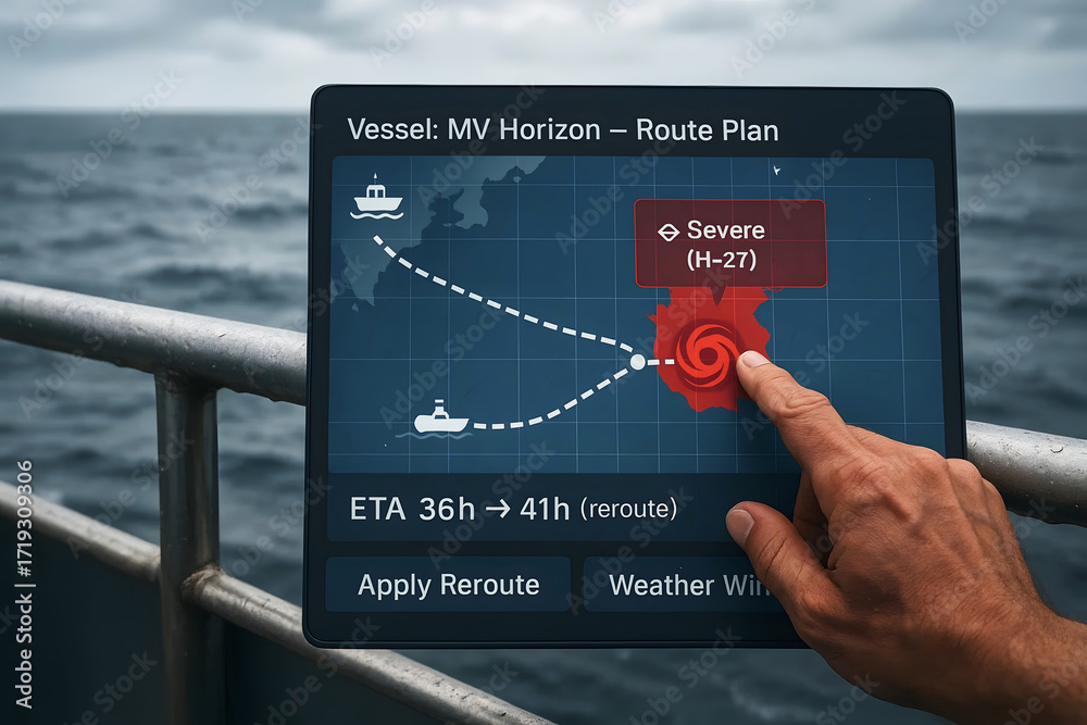 Hand interacting with a tablet showing vessel route plan with severe ...