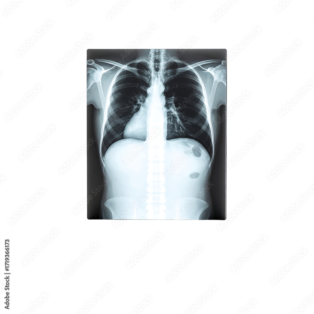 Chest X-ray showing lungs, heart, spine, and ribs; possible opacity in ...